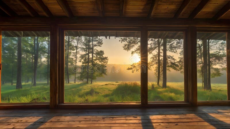 Sunrise Over Countryside Seen through Rustic Cabin Windows Stock ...