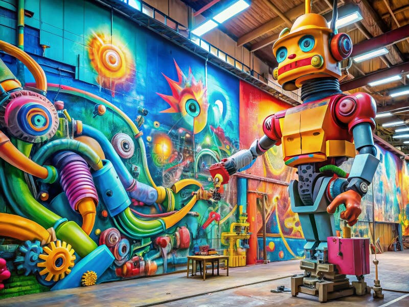 A Panoramic View of a Creative Robot Muralist at Work a Detailed ...
