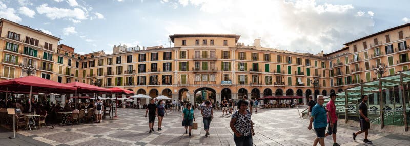 Panoramic View of a Crowded Square Placa Major in Palma De Mallorca ...
