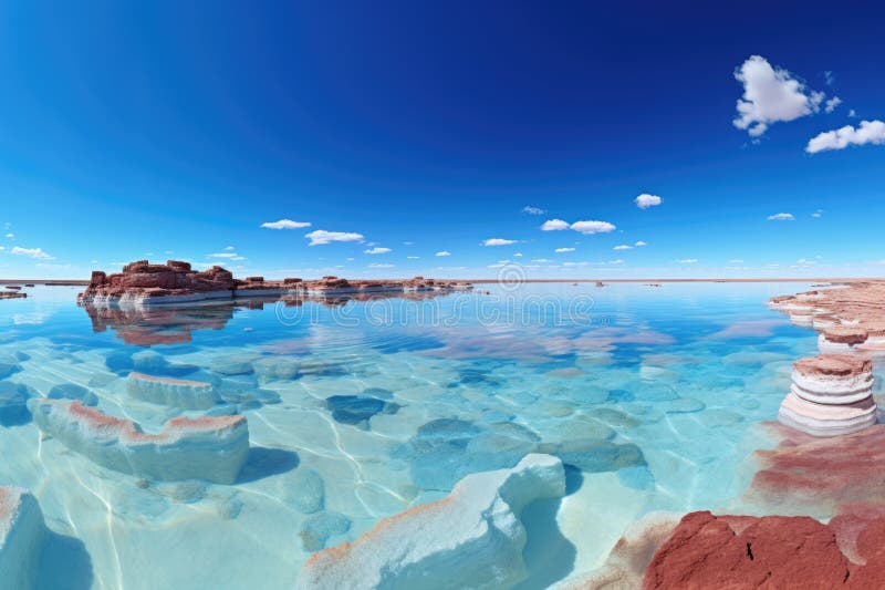 Panoramic View of a Crystallized Salt Lagoon Under a Clear Blue Sky ...