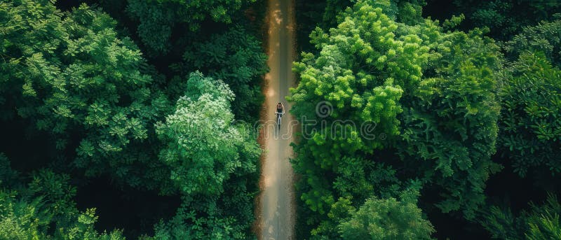 Panoramic View of a Cyclist on a Path through a Lush Forest, Showcasing ...