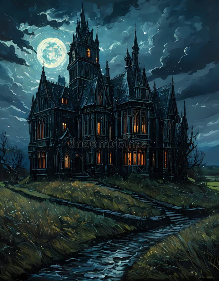 Panoramic View of Dark Dramatic Gothic Haunted School, Mysterious ...