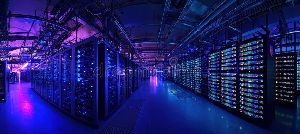 Panoramic View of a Data Center with Rows of Servers and Blue Lighting ...