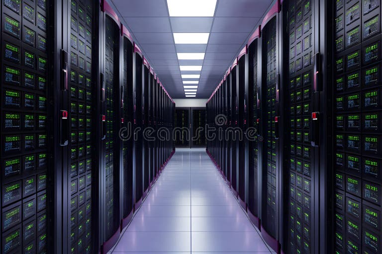 Panoramic View of Data Center with Rows of Servers Stock Illustration ...