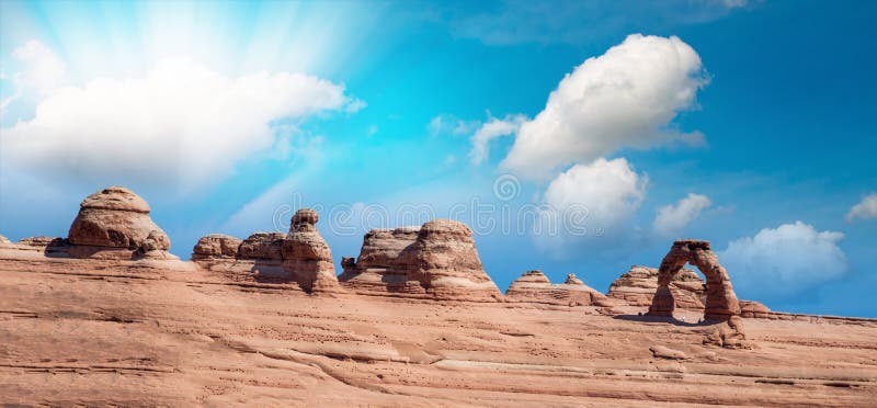 Panoramic View of Delicate Arch at Sunset, Arches National Park Stock ...