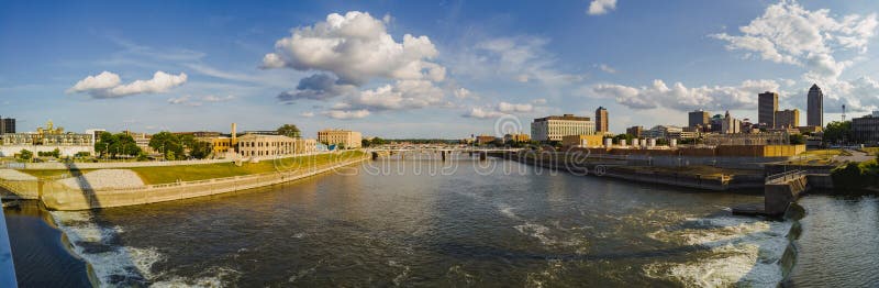Panoramic View of Des Moines Riverfront Viewed from Woman S Bridge on a ...