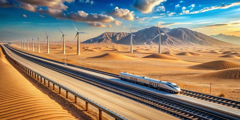 Panoramic View of a Desert Featuring a High Speed Rail Powered by ...