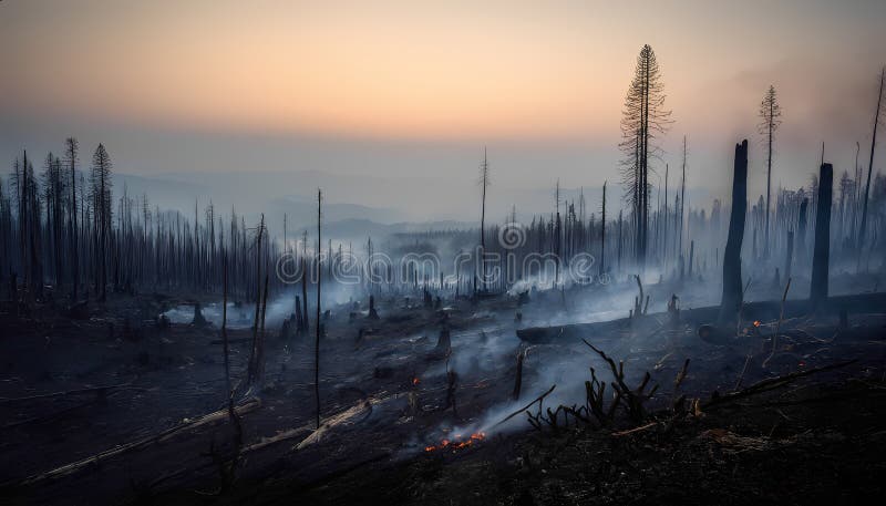 Panoramic View of a Desolate Forest Landscape after a Fire, Smoke ...