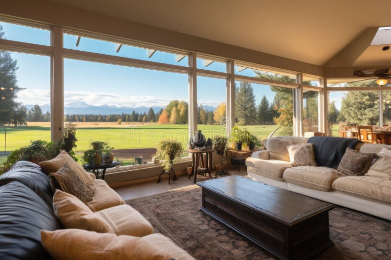 Panoramic View of Detached Ranch with Oversized Windows Stock Photo ...