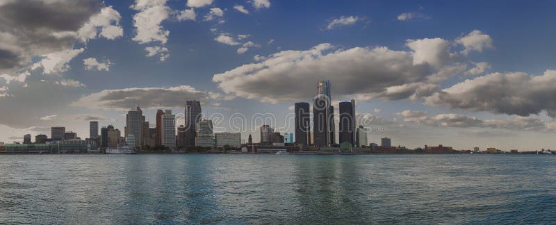 Panoramic View of Detroit Skyline and River Stock Photo - Image of dusk ...