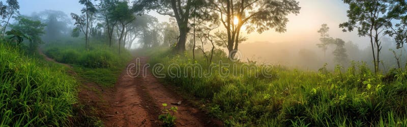 Panoramic View of a Dirt Road in the Morning Mist. Banner Stock Photo ...