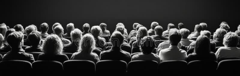 A Panoramic View of a Diverse Audience in Black and White, Seated and ...