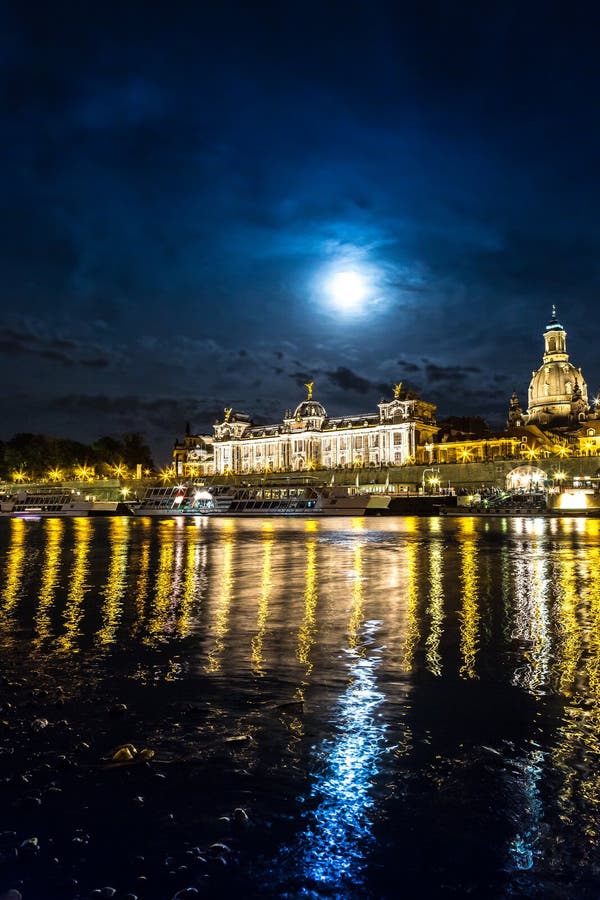 Dresden Night Cityscape-Bruehl Terrace, Hofkirche Church, Royal Palace ...