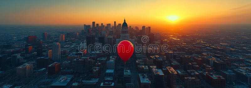 A Panoramic View from a Drone of Denver, Colorado, at Sunset, with the ...