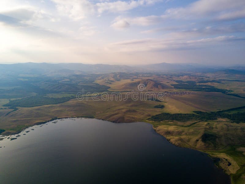 Panoramic View from Drone of the Lake Near the Mountains Stock Photo ... Panoramic View from Drone of the Lake Near the Mountains Stock Photo ...