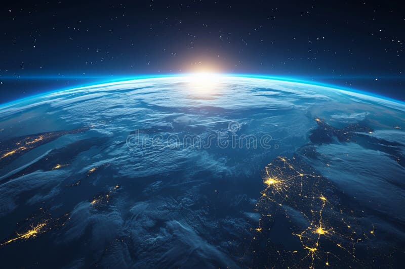 Panoramic View of Earth from Space, Bathed in Rising Sun Stock ...
