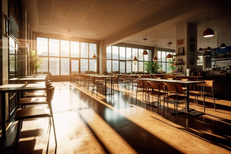 Panoramic View of Empty Cafeteria with Soft Morning Light Stock ...