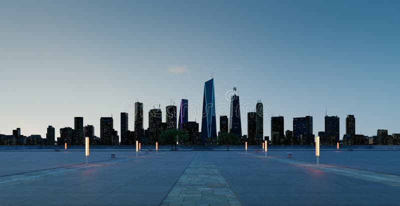 Panoramic View of Empty Concrete Tiles Floor with City Skyline Stock ...