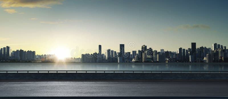 Panoramic View of Empty Road Side with City Skyline Stock Image - Image ...