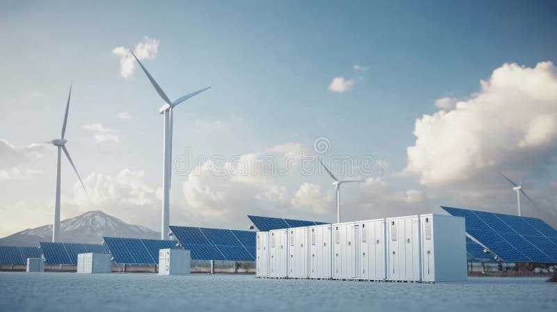 Panoramic View of Energy Storage Systems Wind Turbines, Solar Panels ...