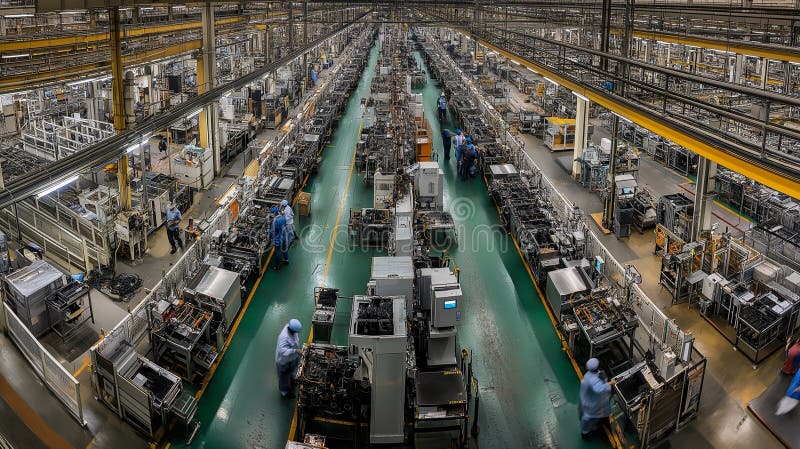 Panoramic View of a Factory Floor, with Rows of Assembly Lines and ...