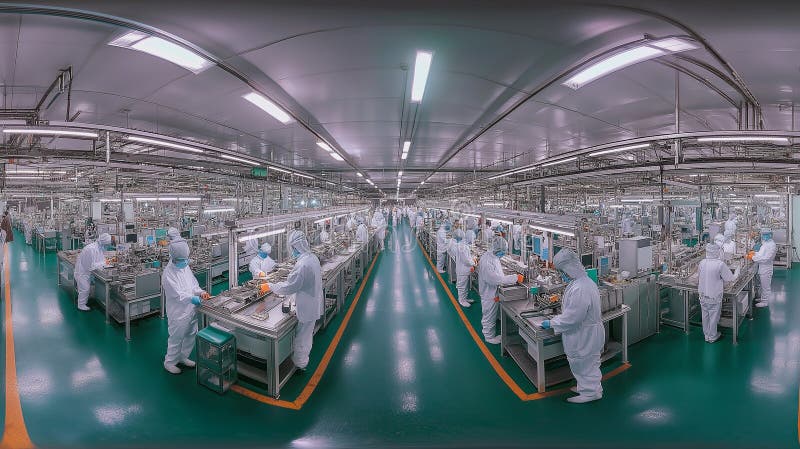 Panoramic View of a Factory Floor, with Rows of Assembly Lines and ...