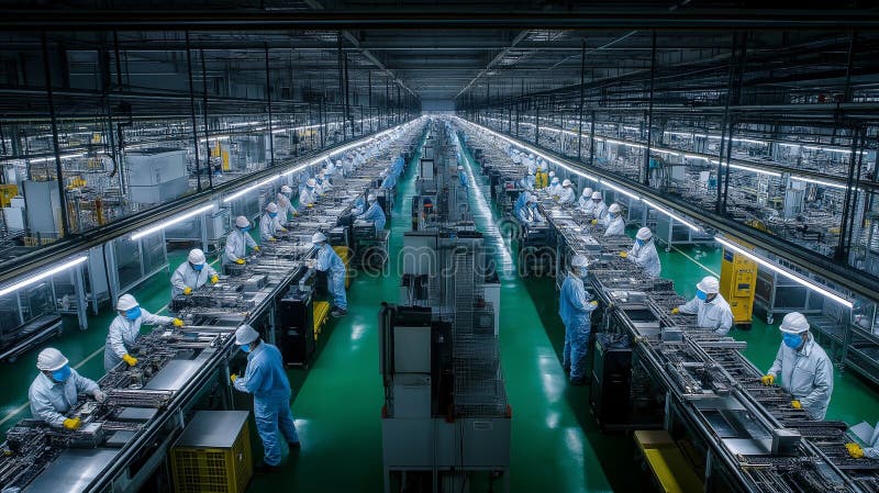 Panoramic View of a Factory Floor, with Rows of Assembly Lines and ...