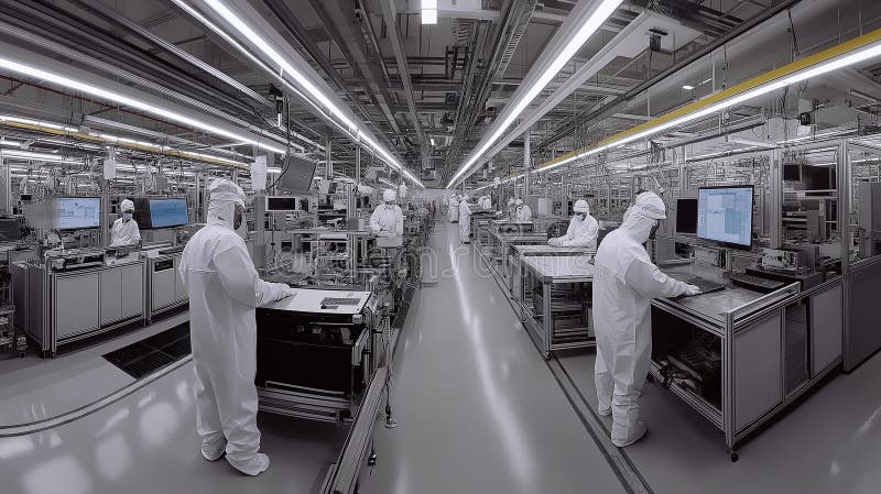 Panoramic View of a Factory Floor, with Rows of Assembly Lines and ...