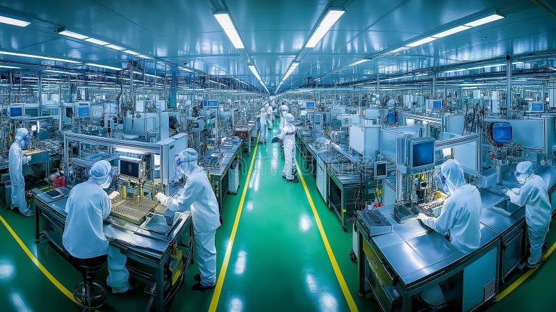 Panoramic View of a Factory Floor, with Rows of Assembly Lines and ...
