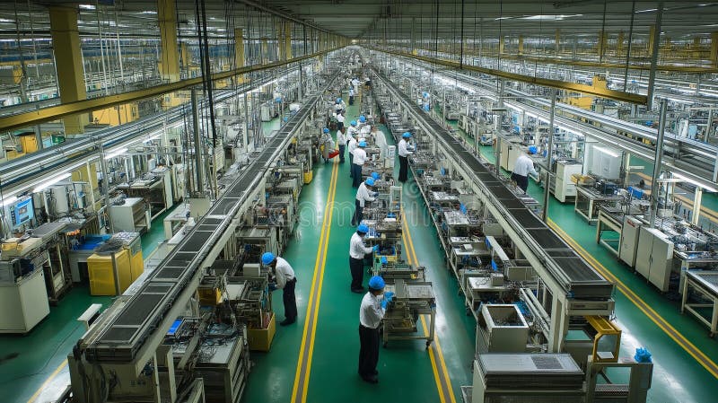 Panoramic View of a Factory Floor, with Rows of Assembly Lines and ...