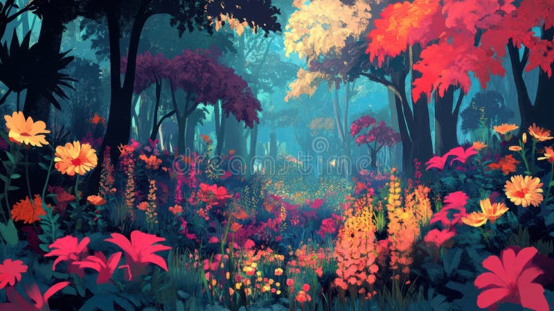 Panoramic View of a Fantasy Forest with Colorful Plants and Flowers ...