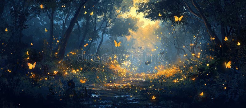 This is a Panoramic View of a Fantasy Forest with Glowing Butterflies ...
