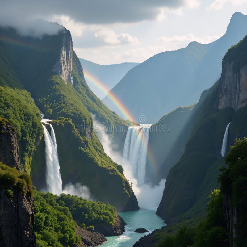 Panoramic View of Fantasy Landscape with Magical Waterfall Details ...