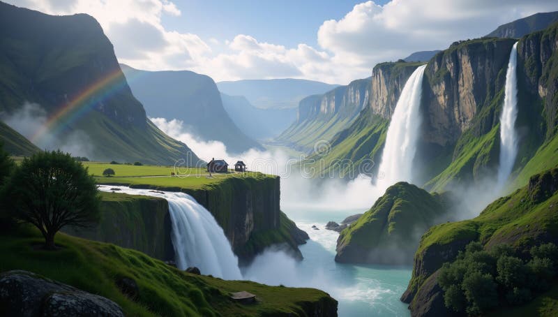 Panoramic View of Fantasy Landscape with Magical Waterfall Details ...
