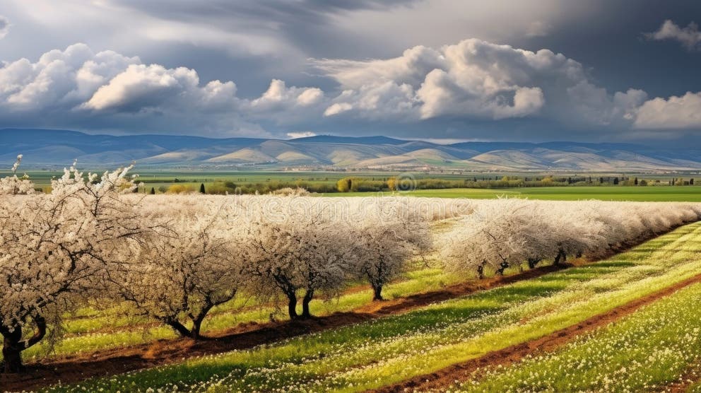 Panoramic View of the Field Waves with Blossoming Trees Stock Photo ...
