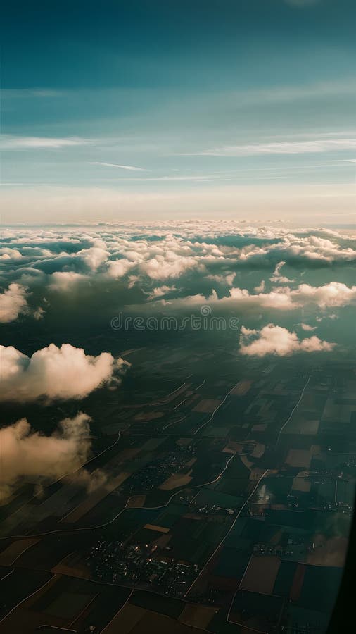 Panoramic View of Fields and Clouds from Airplane Window Stock ...
