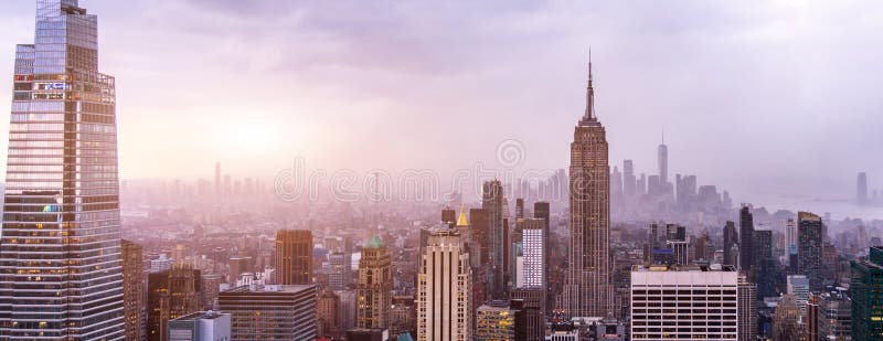 Panoramic View of Fog or Low Cloud Over Skyscrapers at Dusk Stock Photo ...