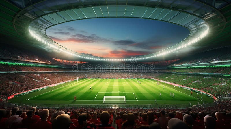 Panoramic View of a Football Stadium Filled with Spectators at Sunset ...