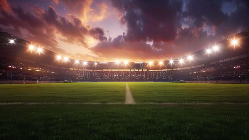 Panoramic View of Football Stadium with Grass Field and Lights during ...