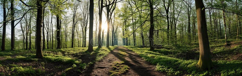 Panoramic View of a Forest in Spring with Sun Rays Stock Illustration ...