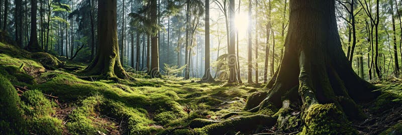 Panoramic View of a Forest with Sun Rays Stock Illustration ...