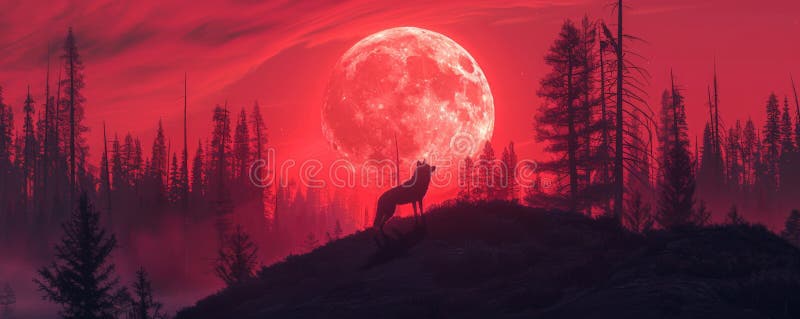 A Panoramic View of a Forest Under the Blood Moon during a Lunar ...