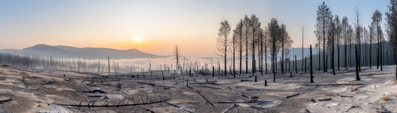Panoramic View of a Forest after a Wildfire at Sunrise, with Charred ...