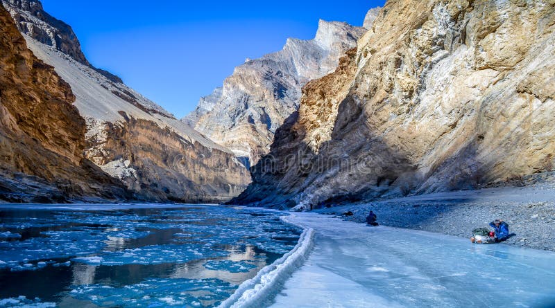 Frozen Zanskar River and Mountains during Chadar Trek Stock Photo ...