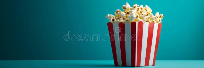 Panoramic View of Full Popcorn Box Against Teal Backdrop, Perfect for a ...