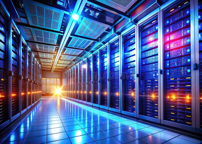 A Panoramic View of a Futuristic Data Center Intense Light Illuminates ...