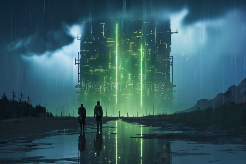 Panoramic View of a Futuristic Landscape at Night, with Virtual Reality ...