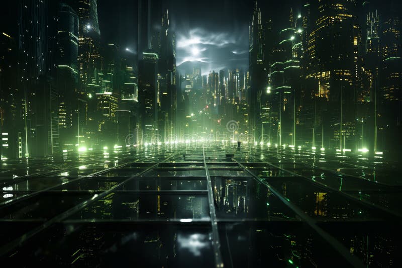 Panoramic View of a Futuristic Metropolis at Night, with Virtual ...