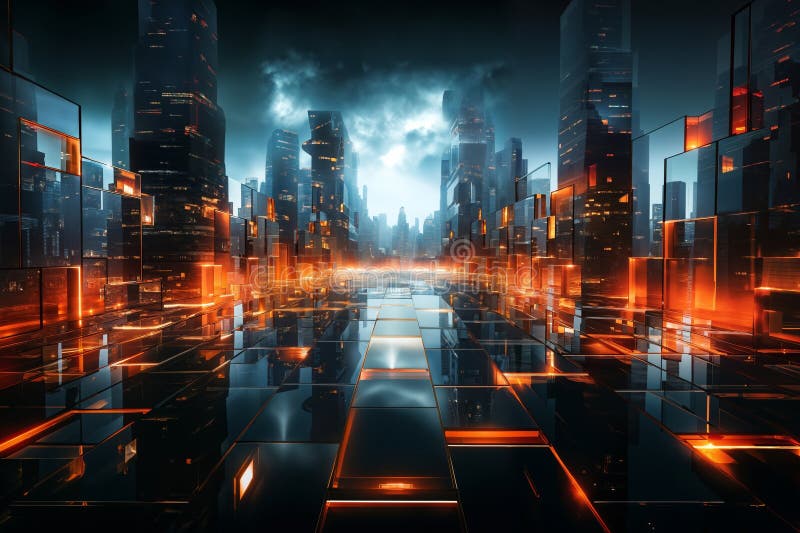 Panoramic View of a Futuristic Metropolis at Night, with Virtual ...