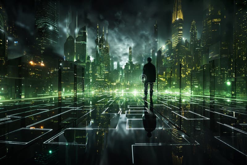 Panoramic View of a Futuristic Metropolis at Night, with Virtual ...